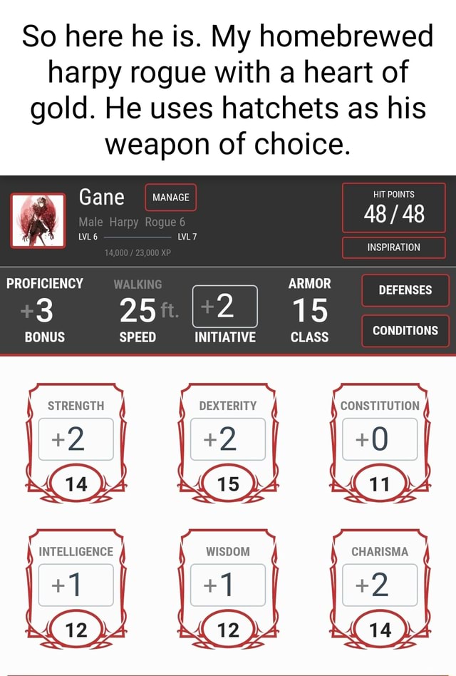 So here he is. My homebrewed harpy rogue with a heart of gold. He uses ...