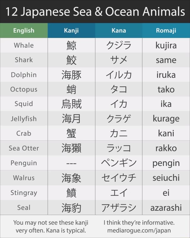 12 Japanese Sea & Ocean Animals English Kanji Kana Romaji Whale kujira ...