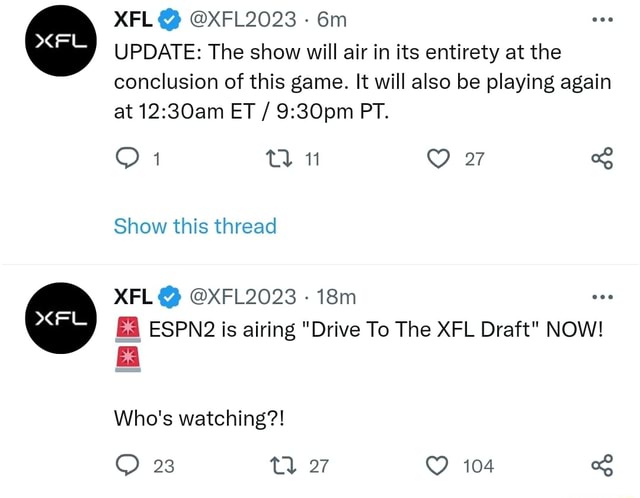 XFL @ @XFL2023 - UPDATE: The show will air in its entirety at the conclusion of this game. It ...