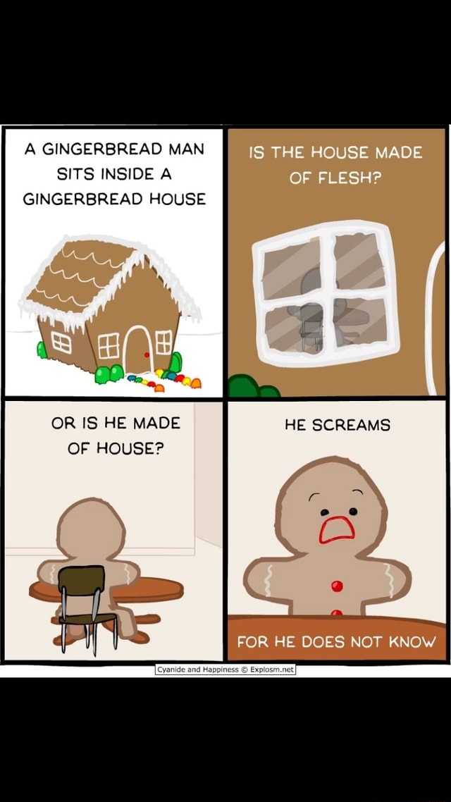 A GINGERBREAD MAN SITS INSIDE A GINGERBREAD HOUSE IS THE HOUSE MADE OF ...