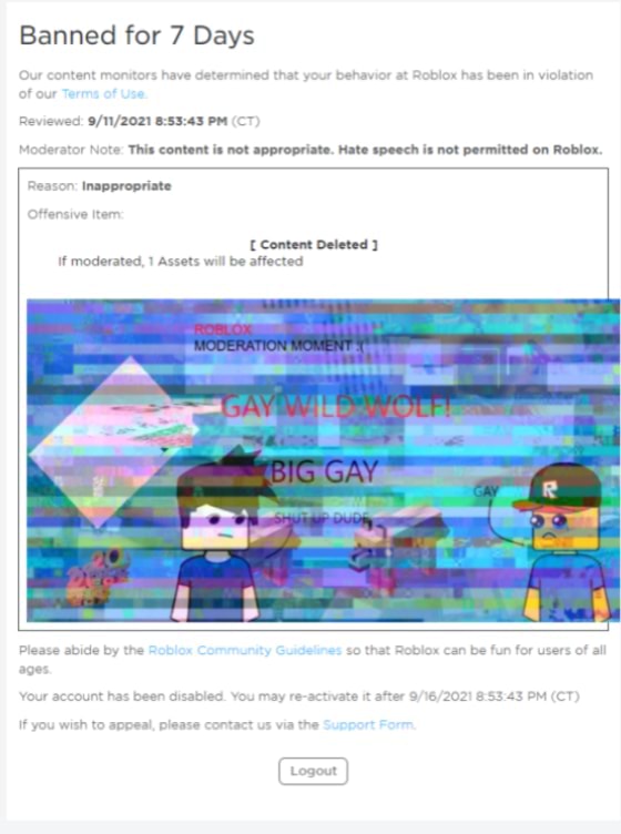 ROBLOX Banned me for hate speech - Banned for 7 Days of Reviewed: PM ...