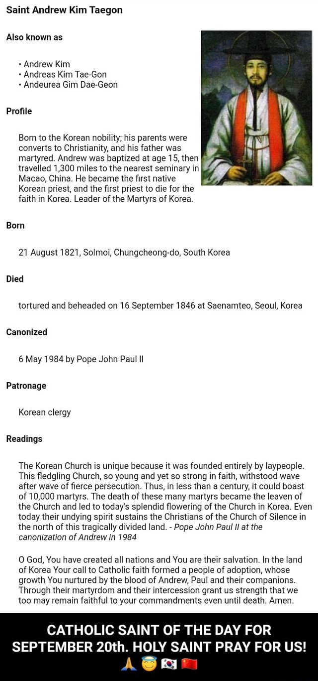 Saint Andrew Kim Taegon Also known as Andrew Kim Andreas Kim Tae-Gon ...