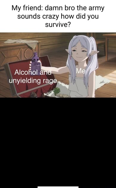 My friend: damn bro the army sounds crazy how did you survive? Alcohol ...