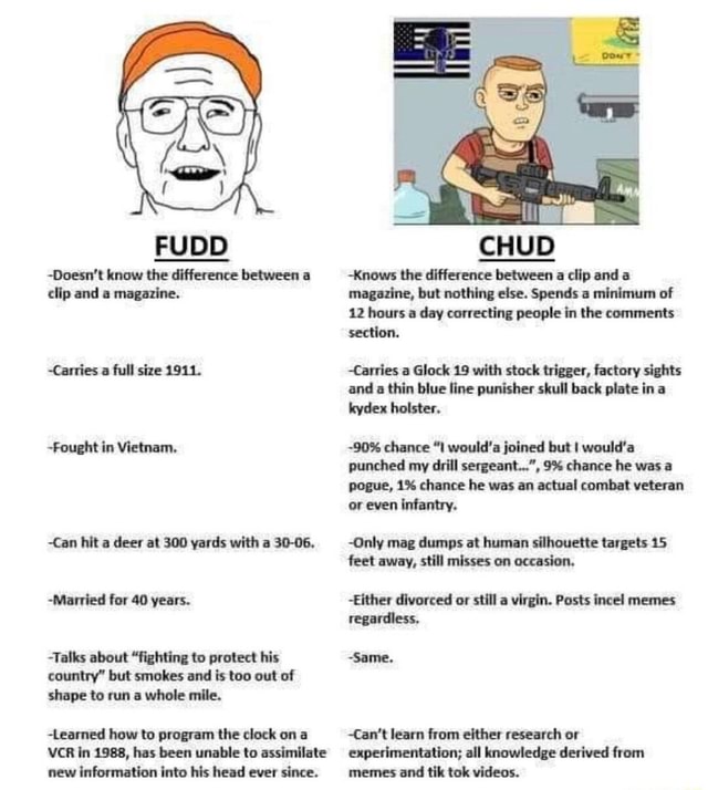 FUDD -Doesn't know the difference between a clip and magazine. Carries ...