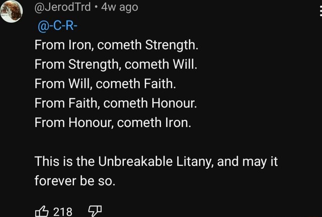 @JerodTrd ago @-C-R- From Iron, cometh Strength. From Strength, cometh ...