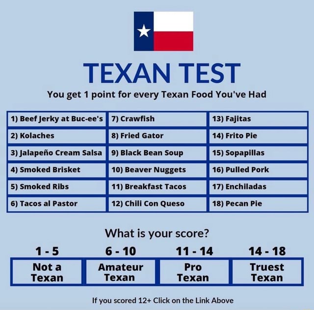 TEXAN TEST You get 1 point for every Texan Food You've Had fnciches 2 ...