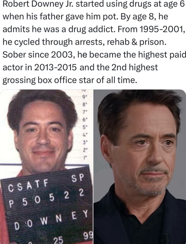 Robert Downey Jr. started using drugs at age 6 when his father gave him ...