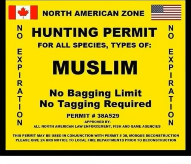 NORTH AMERICAN ZONE HUNTING PERMIT FOR ALL SPECIES, TYPES OF: MUSLIM No ...