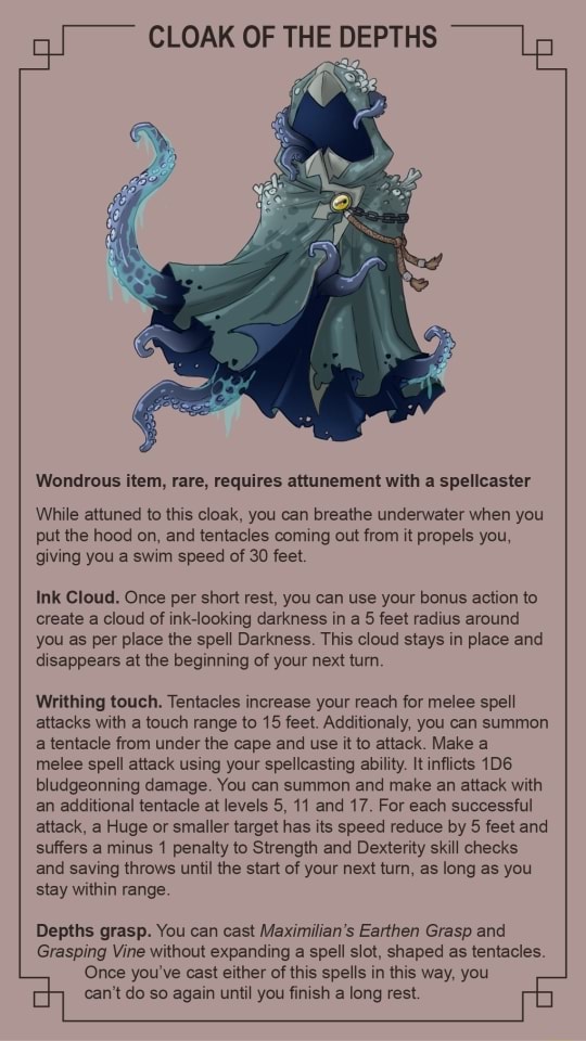 CLOAK OF THE DEPTHS I, Wondrous item, rare, requires attunement with a ...