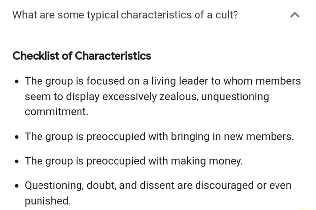 What are some typical characteristics of a cult? a Checklist of ...
