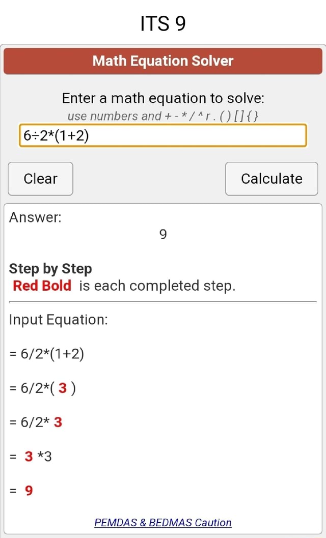 ITS 9 Math Equation Solver Enter a math equation to solve: use numbers ...