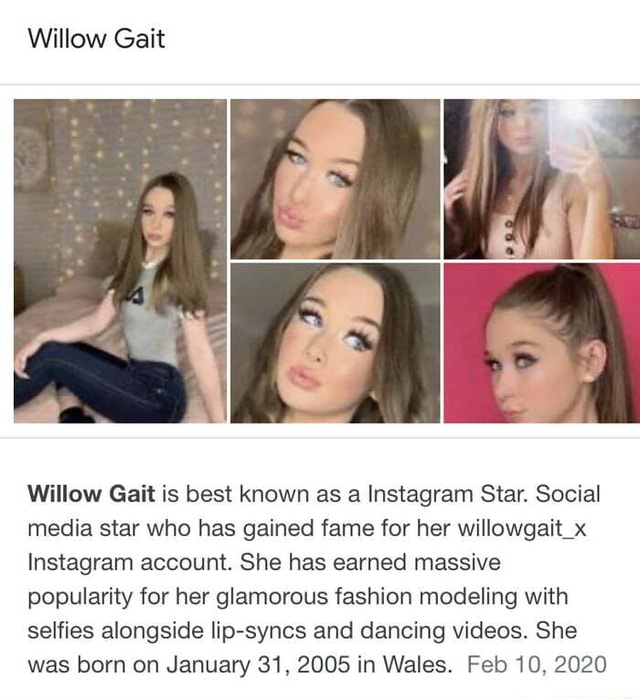 Willow Gait Willow Gait is best known as a Instagram Star. Social media ...