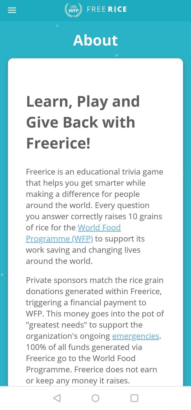 (WE) FREE RICE About Learn, Play and Give Back with Freerice! Freerice ...