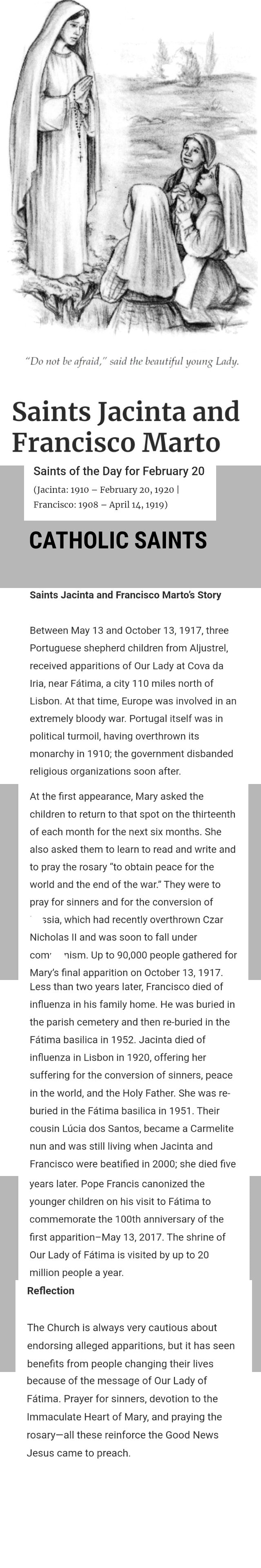 "Do not be afraid," said the beautiful young Lady. Saints Jacinta and ...