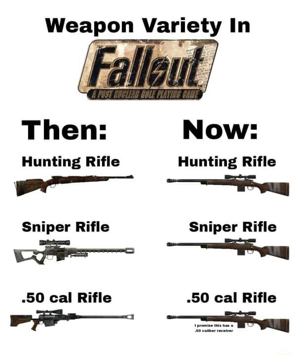 Weapon Variety In Then: Hunting Rifle Sniper Rifle -50 cal Rifle Now ...