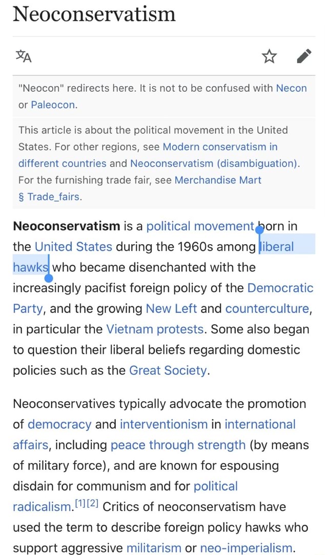 Neoconservatism "Neocon" redirects here. It is not to be confused with ...