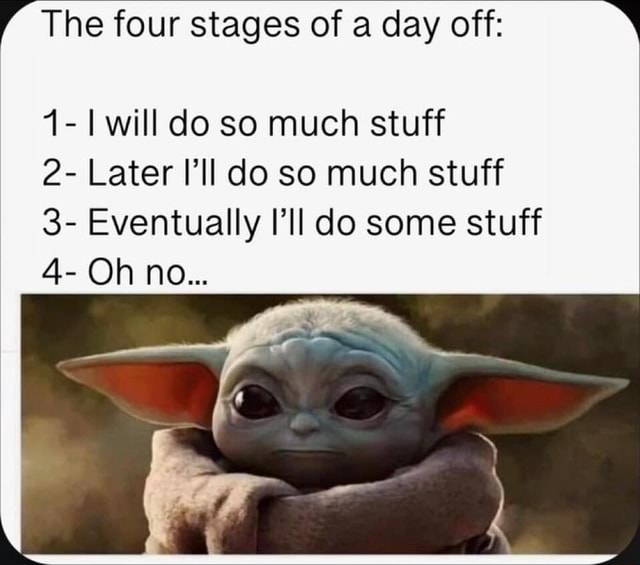 The four stages of a day off: 1- I will do so much stuff 2- Later I'll ...