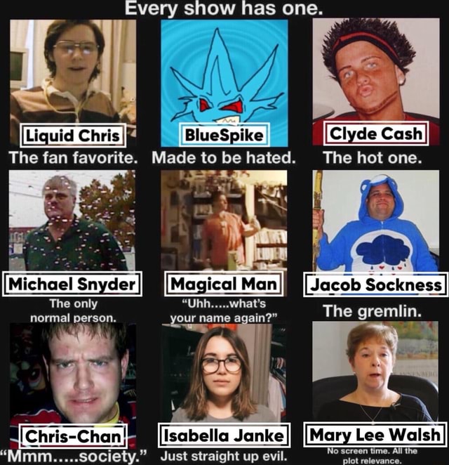 Very show has one. BlueSpike Cash The fan Made to be hated. The hot one ...