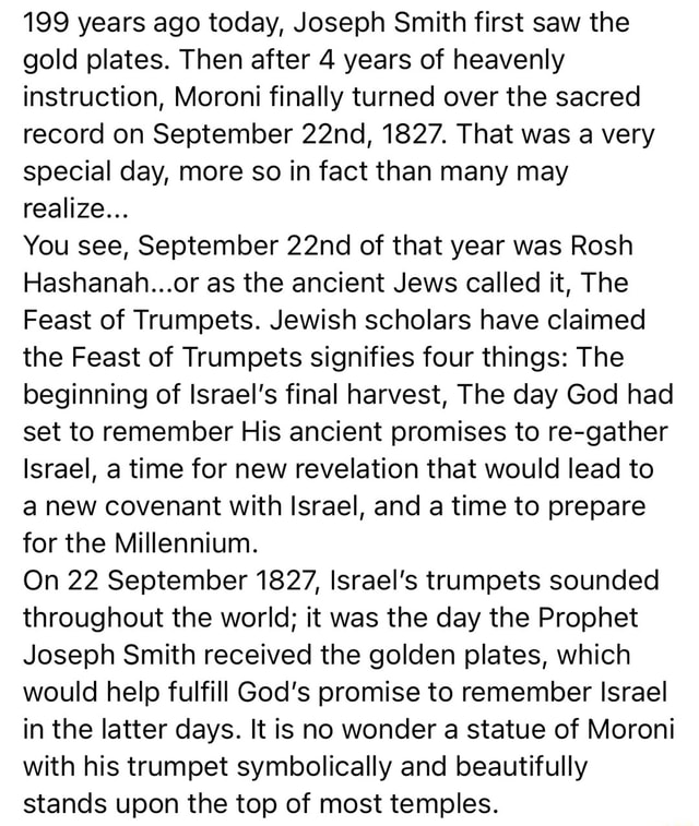 199 years ago today, Joseph Smith first saw the gold plates. Then after ...