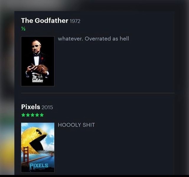 The Godfather 1972 whatever. Overrated as hell Pixels 2015 HOOOLY SHIT ...