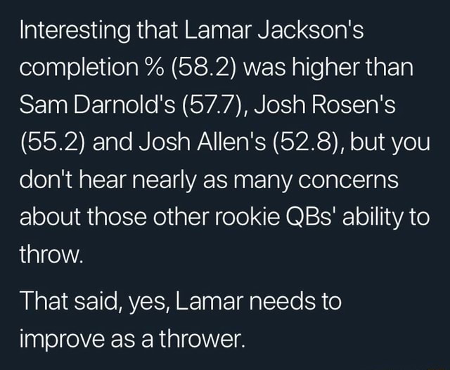 Interesting that Lamar Jackson's completion % (58.2) was higher than ...