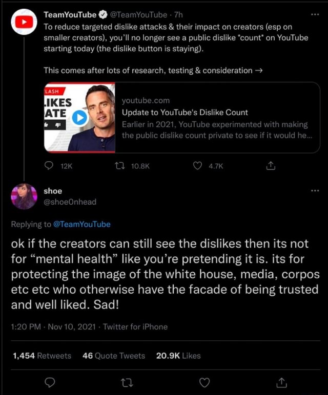 TeamYouTube @ @TeamYouTube To reduce targeted dislike attacks & their ...