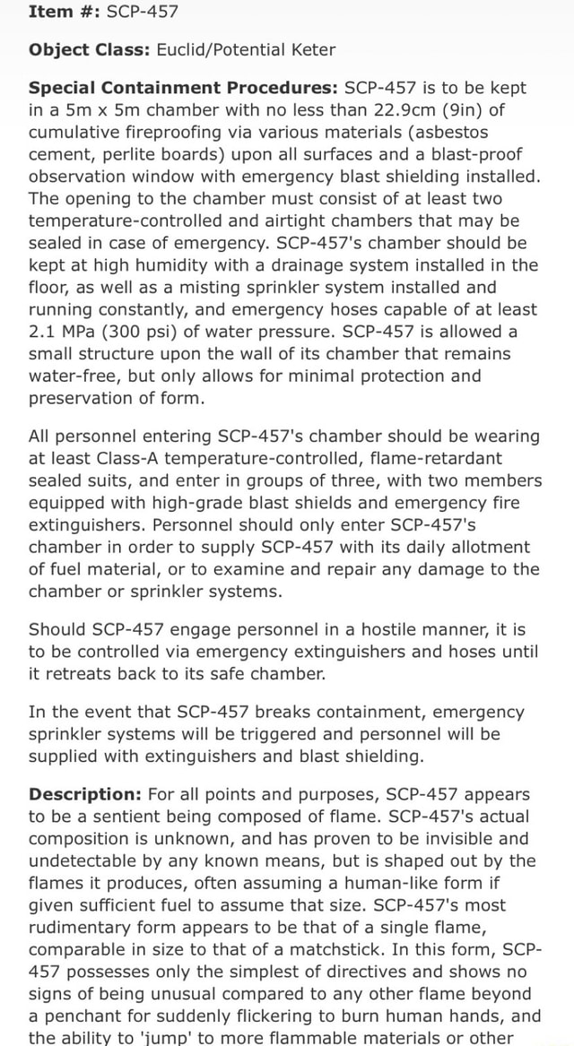 Item SCP-457 Object Class: Keter Special Containment Procedures: SCP ...