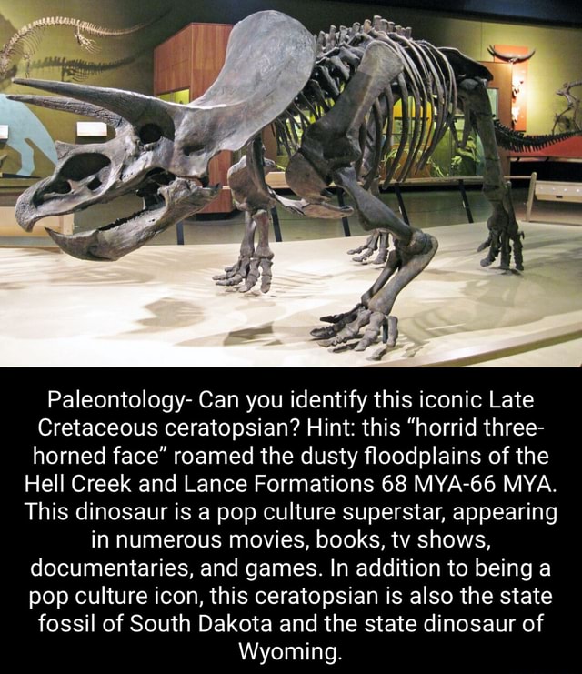 Paleontology- Can you identify this iconic Late Cretaceous ceratopsian? Hint: this "horrid three ...