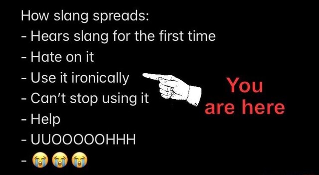 How slang spreads: - Hears slang for the first time - Hate on it - Use ...