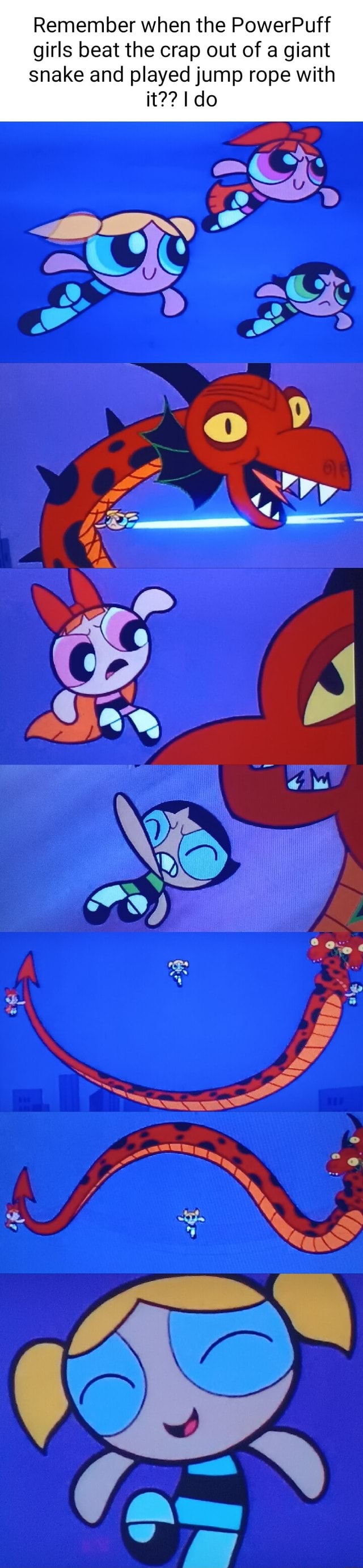 Remember when the PowerPuff girls beat the crap out of a giant snake ...