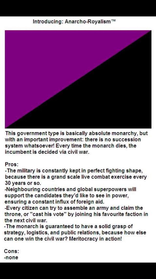 Introducing: Anarcho-Royalism™ This government type is basically ...