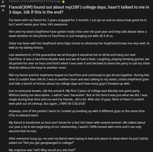 Fiancé(30M) found out about my(28F) college days, hasn't talked to me ...