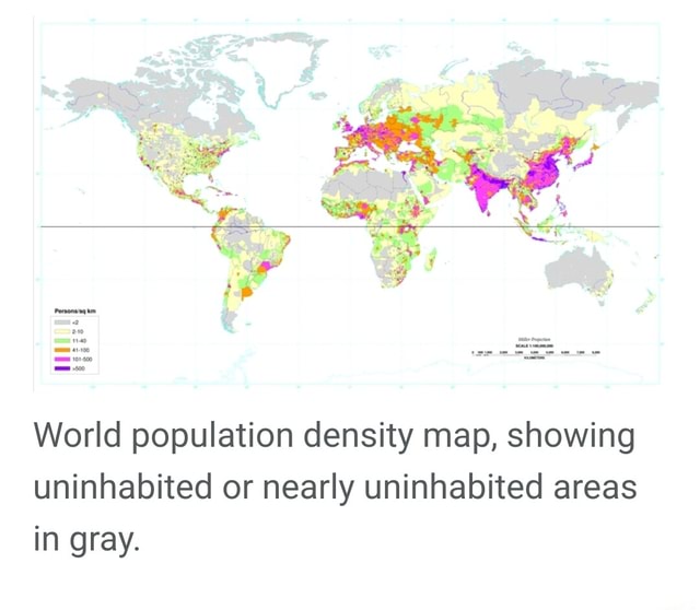 World population density map, showing uninhabited or nearly uninhabited ...