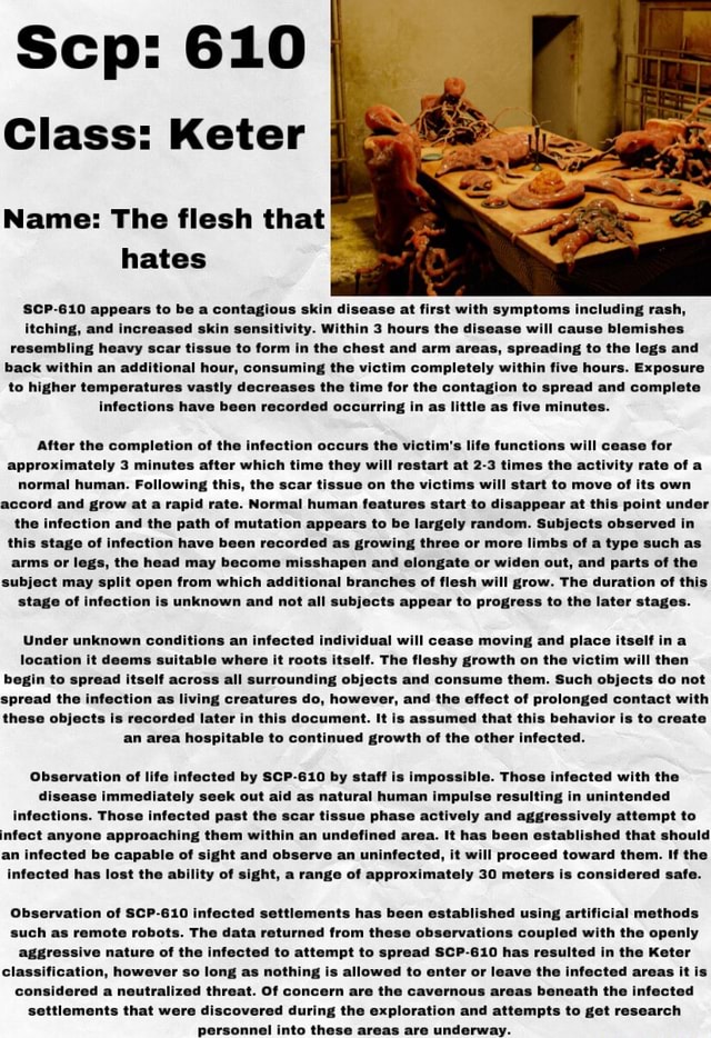 Scp: 610 I Class: Keter Name: The flesh that hates SCP-610 appears to ...