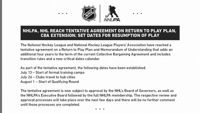 NHLPA, NHL REACH TENTATIVE AGREEMENT ON RETURN TO PLAY PLAN, CBA ...