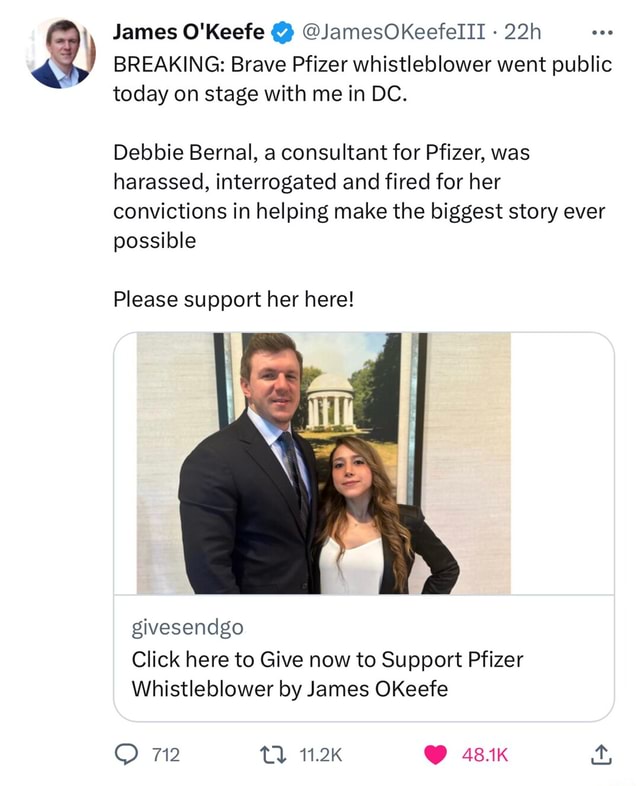 James O'Keefe @JamesOKeefelII - BREAKING: Brave Pfizer whistleblower ...