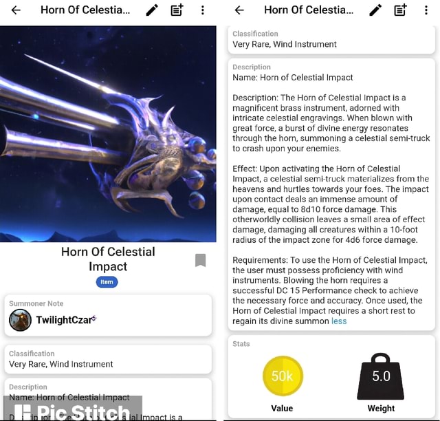 Horn Of Celestia... Horn Of Celestial Impact Summoner Note ...