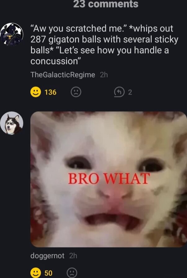 23 comments "Aw you scratched me." *whips out 287 gigaton balls with ...