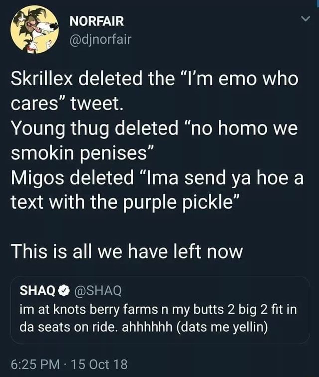 Skrillex deleted the "I'm emo who cares" tweet. Young thug deleted "no ...