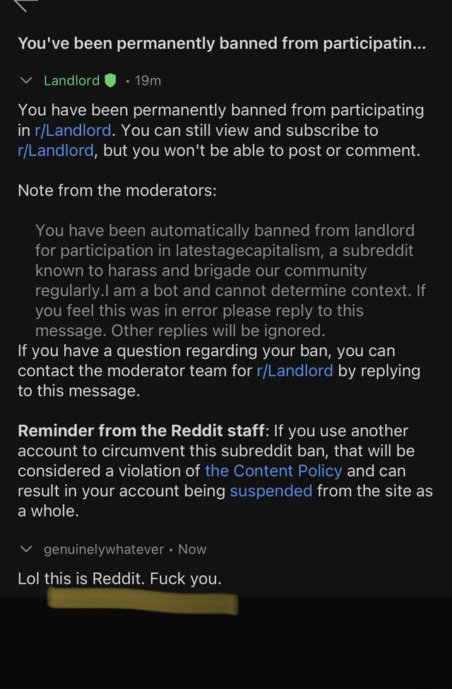 SS You've been permanently banned from participatin... Landlord @ - You ...