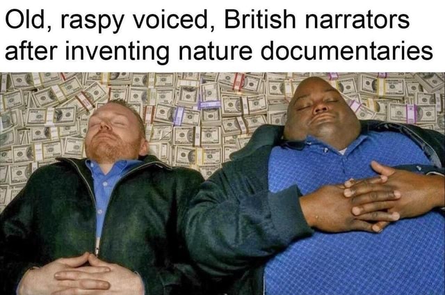 Old, raspy voiced, British narrators after inventing nature ...