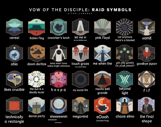 VOW OF THE DISCIPLE: RAID SYMBOLS LUMENUX cereal italian flag coworker ...