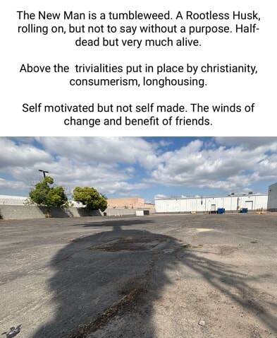 The New Man is a tumbleweed. A Rootless Husk, rolling on, but not to ...