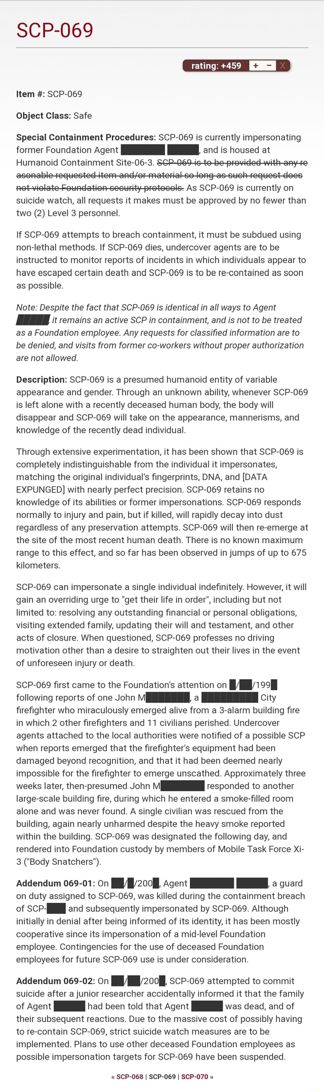 Special Containment Procedures: SCP-069 is currently impersonating ...