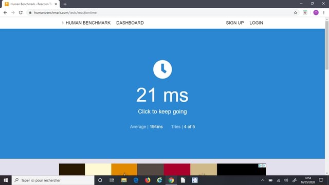 HUMAN BENCHMARK DASHBOARD 21 ms Click to keep going Average I 194ms ...