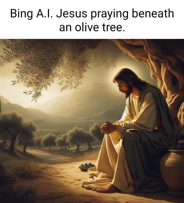 Bing A.I. Jesus praying beneath an olive tree. - iFunny