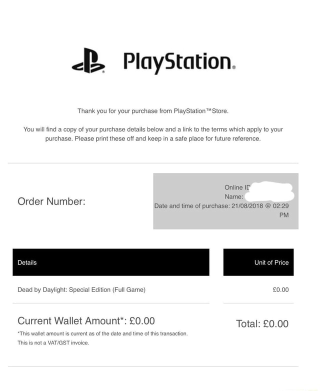 PlayStation. Thank you for your purchase from Store. You will find a ...