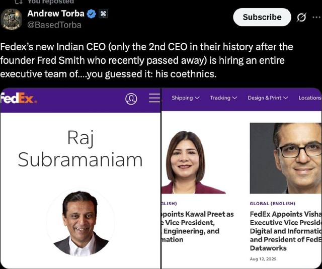 Andrew Torba Fedex's new Indian CEO (only the CEO in their history ...
