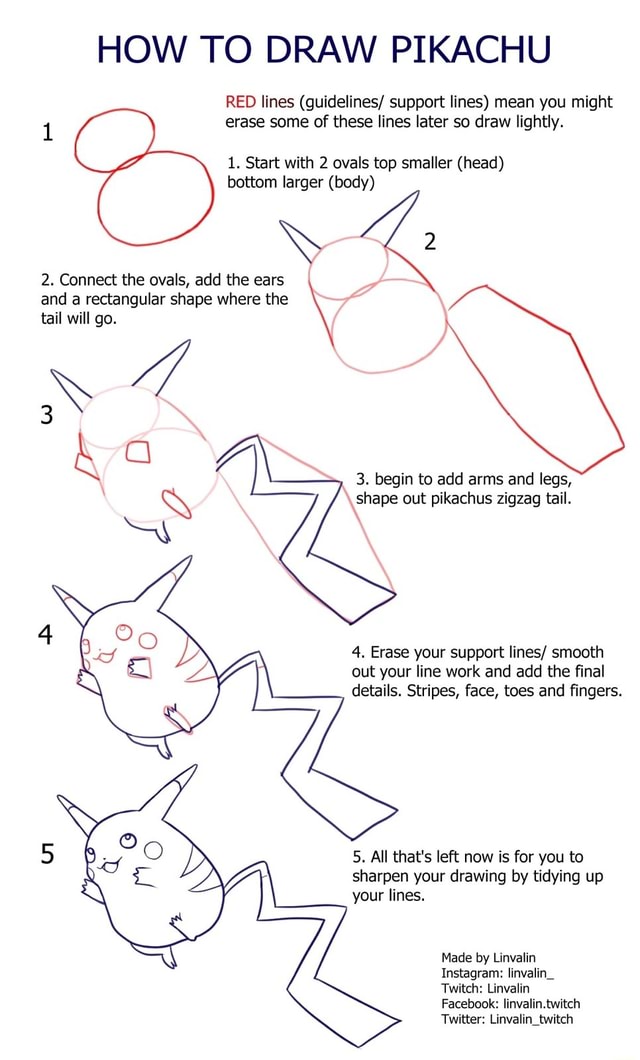 HOW TO DRAW PIKACHU RED lines (guidelines/ support lines) mean you ...