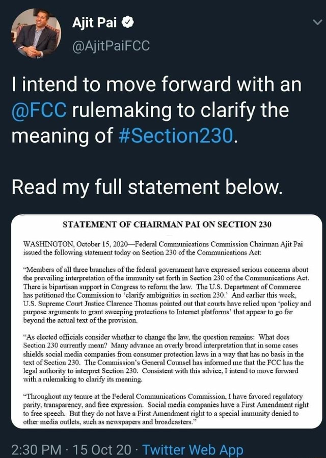 Ajit Pai J @AjitPaiFCC I intend to move forward with an @FCC rulemaking ...